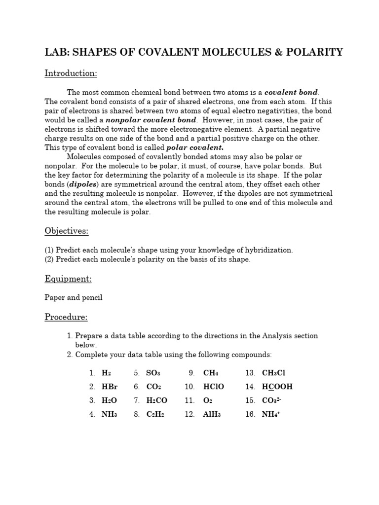 Covalent Molecules & Polarity Lab | PDF | Chemical Polarity | Chemical Bond