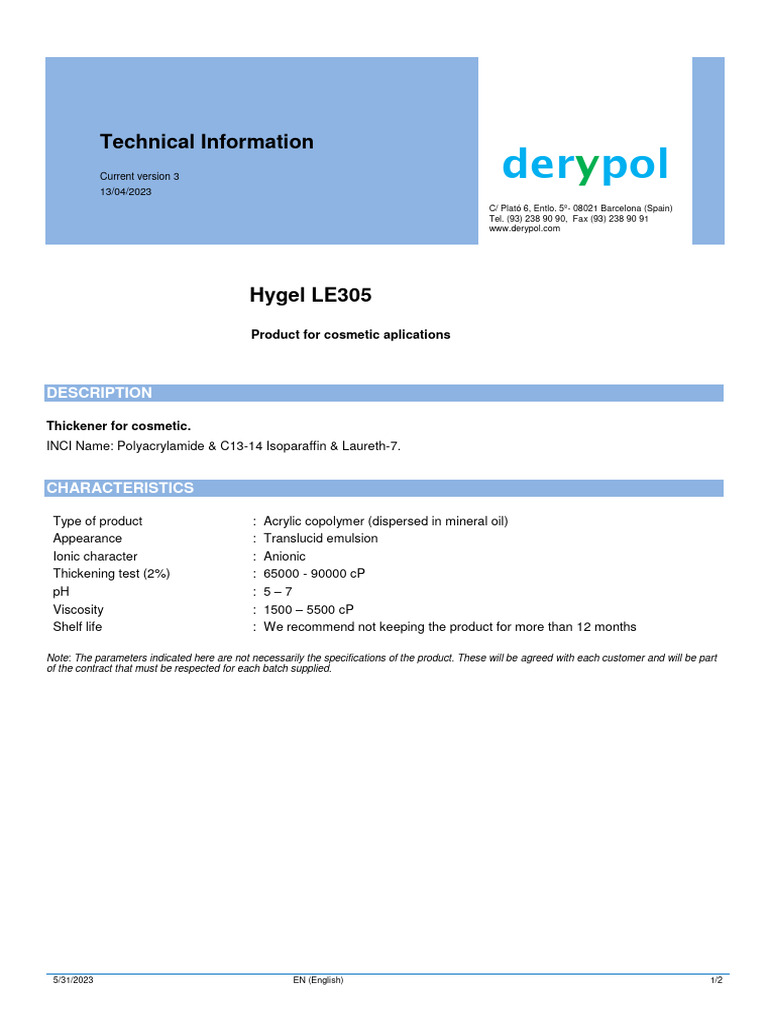 Hygel LE305: Cosmetic Thickener Guide | PDF | Suspension (Chemistry ...