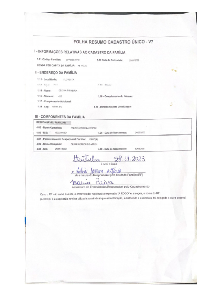 Folha Resumo Cadastro Único - V7 | PDF