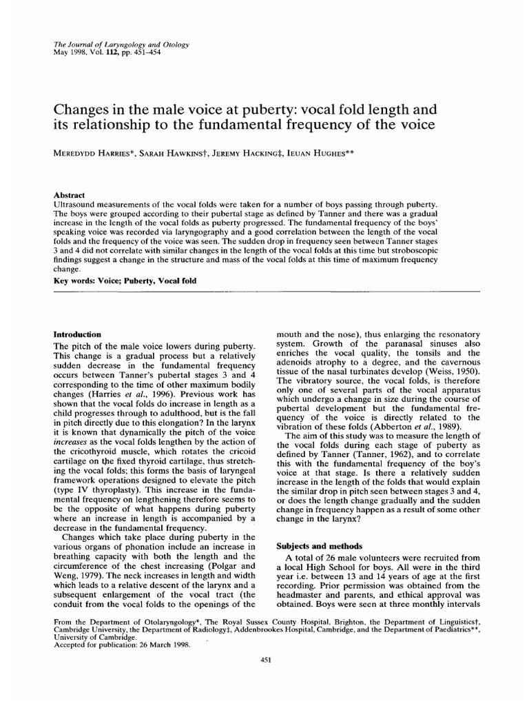 Harries1998 Changes in The Male Voice at Puberty | PDF | Human Voice ...