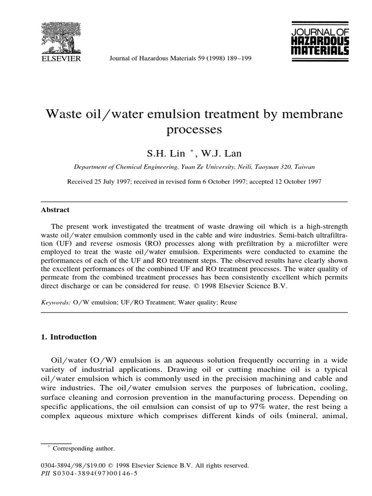 Waste Oil Emulsion Treatment via UF/RO | PDF | Membrane | Materials