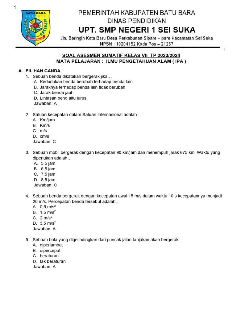 Soal Sumatif Ipa Kelas 7 (Bu DM) | PDF