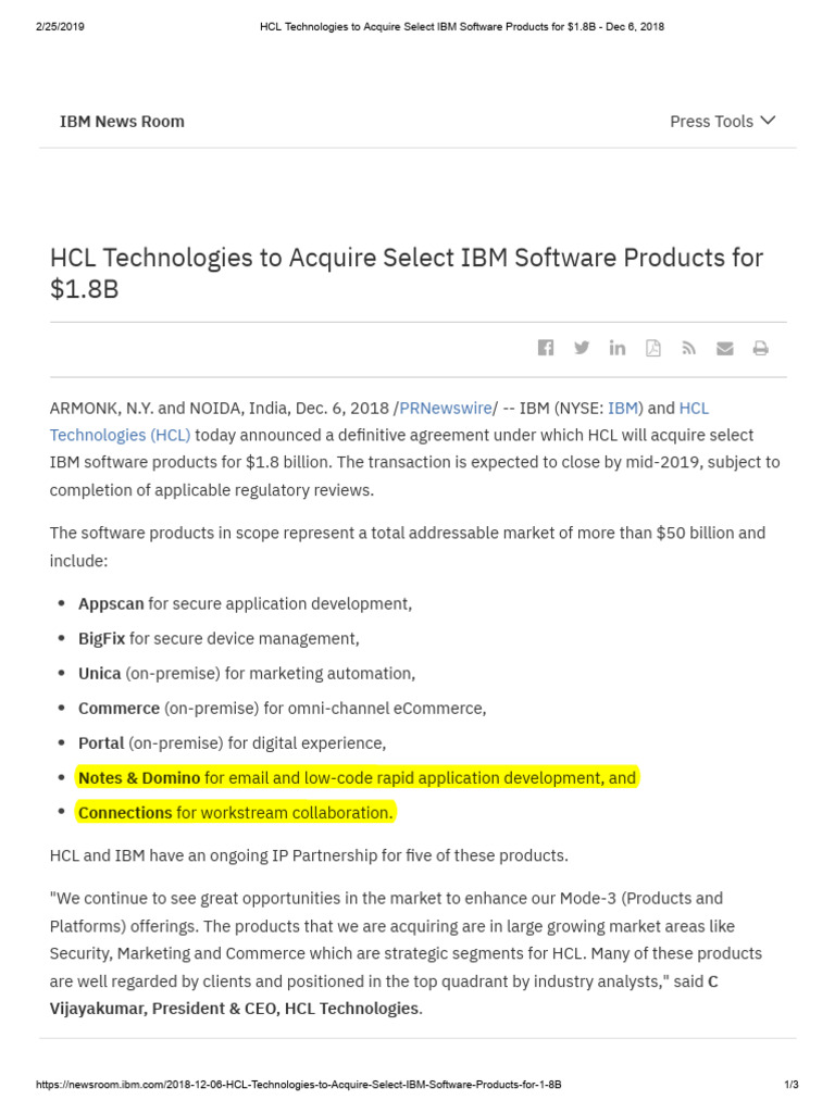 HCL Technologies To Acquire Select IBM Software Products For $1.8B ...