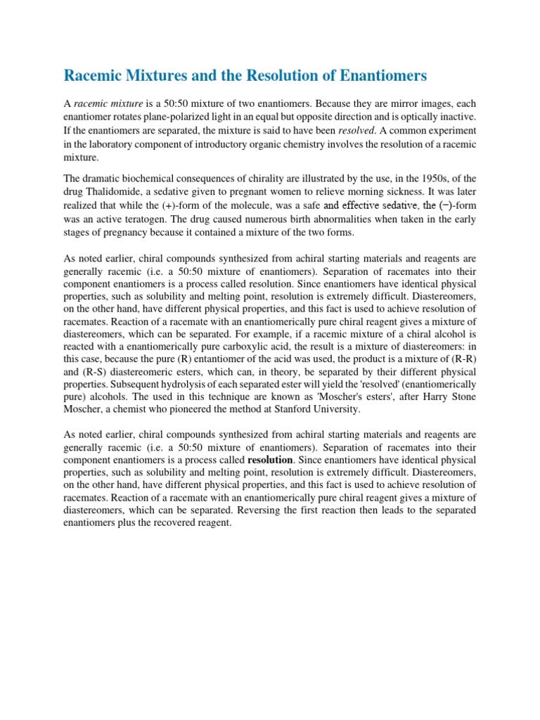 Racemic Mixtures and The Resolution of Enantiomers | PDF | Chirality ...
