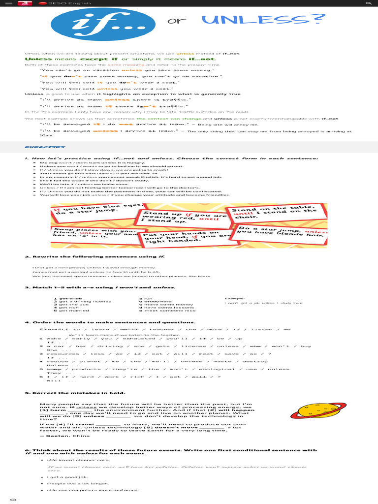 ? 3ESO English - If and Unless | PDF | Car