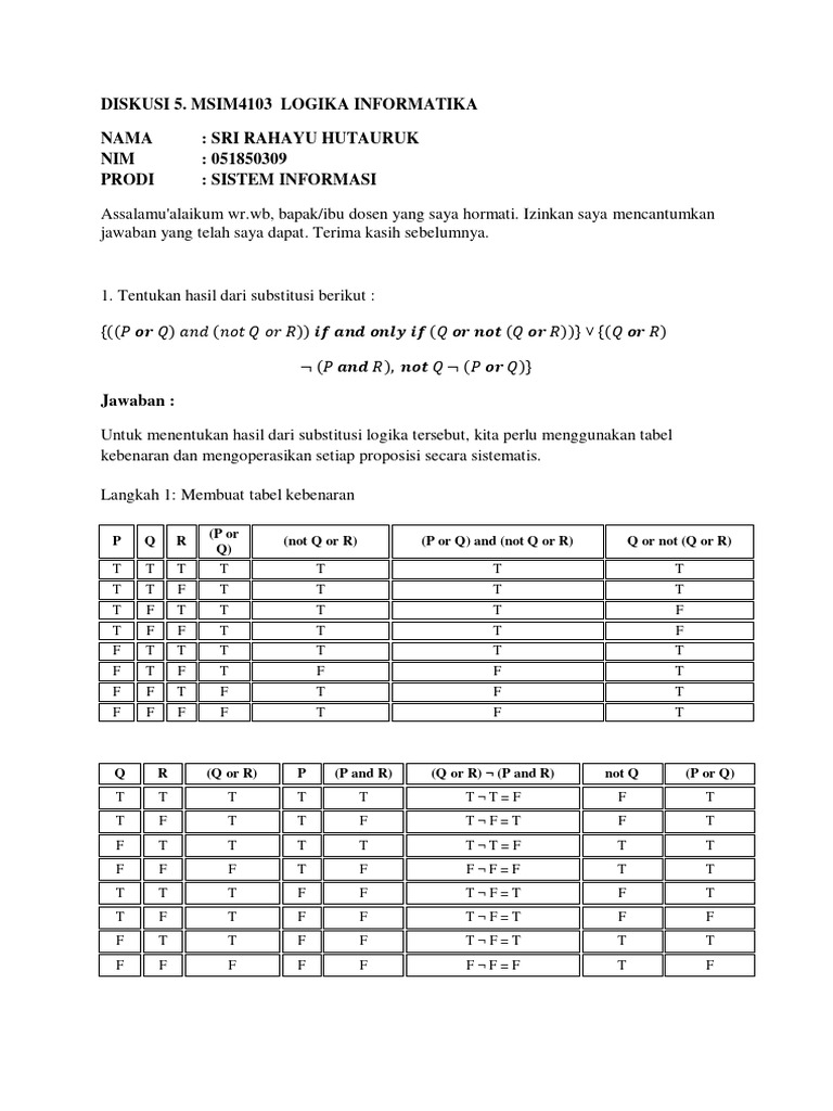 Diskusi 5 - Sri Rahayu Hutauruk (051850309) - Logika Informatika | PDF