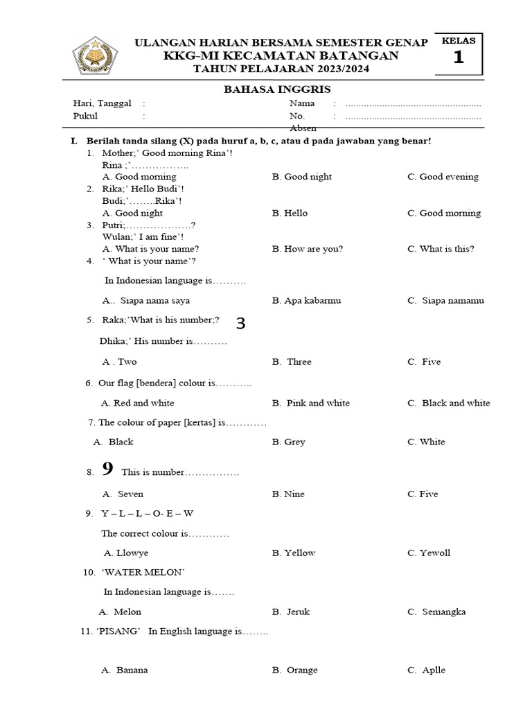 SOAL UHB-B.Inggir Kls 1 UHB-02 | PDF | Fruit