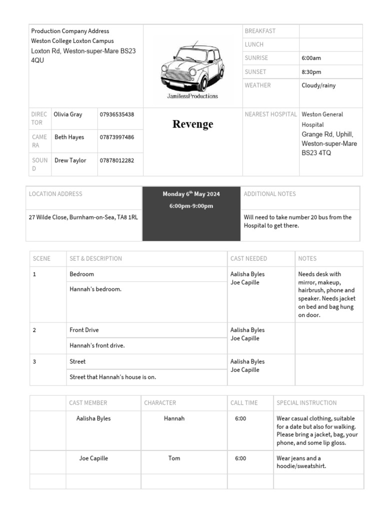short film call sheet 1 | PDF