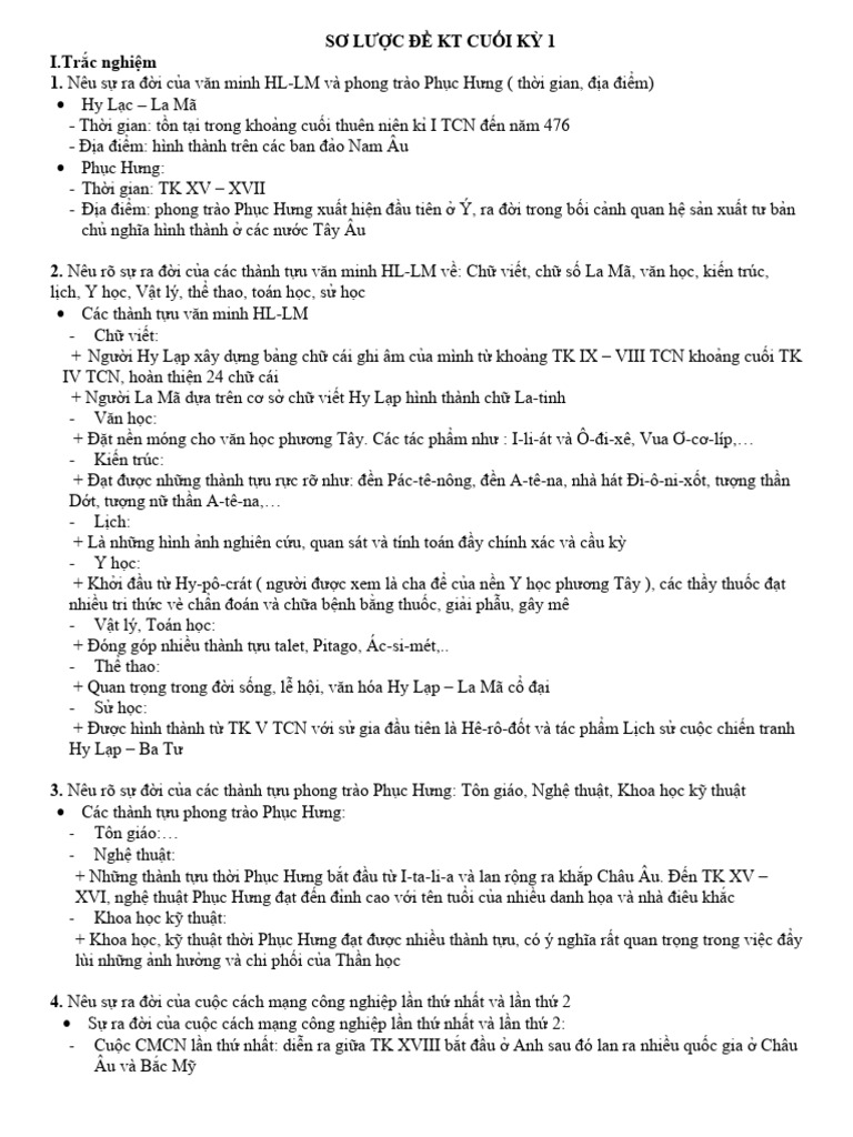 SƠ LƯỢC ĐỀ KT CUỐI KỲ 1 l10 1 | PDF