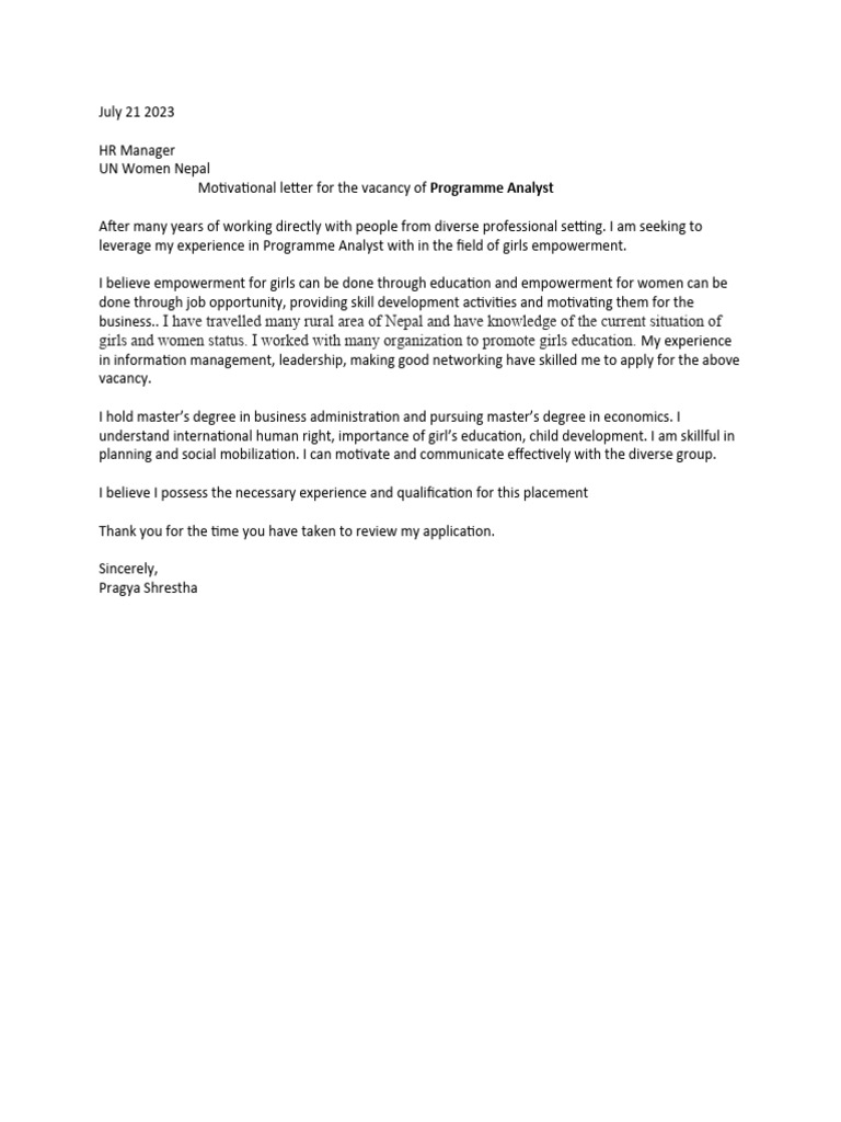 Motivational Letter for Programme Analyst | PDF | Career & Growth