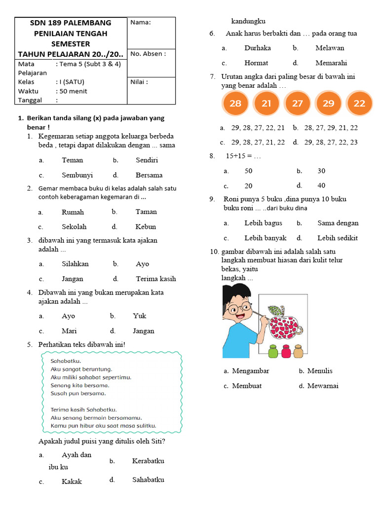 Soal PTS Kelas 1 Tema 5 Subtema 3 Dan 4 | PDF