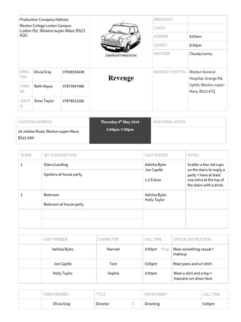 short film call sheet 2 | PDF