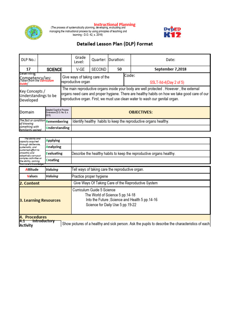 Detailed Lesson Plan (DLP) Format: Code: Learning Competency/ies | PDF | Hygiene | Science