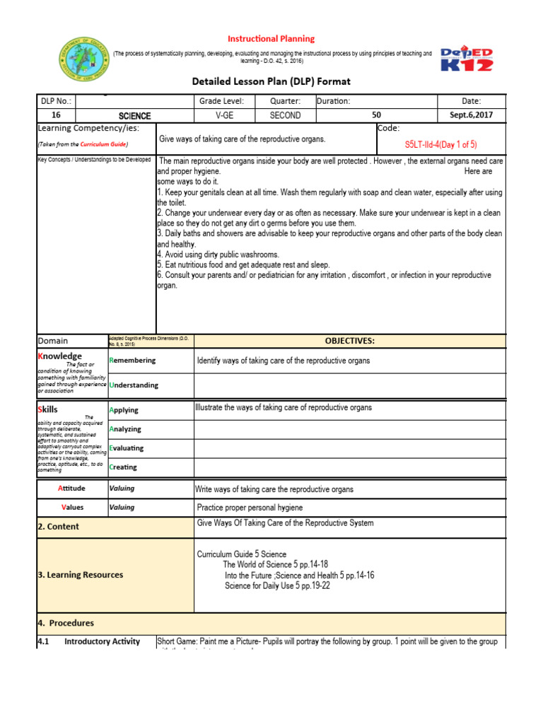 Detailed Lesson Plan (DLP) Format: Learning Competency/ies: Code | PDF | Learning | Hygiene