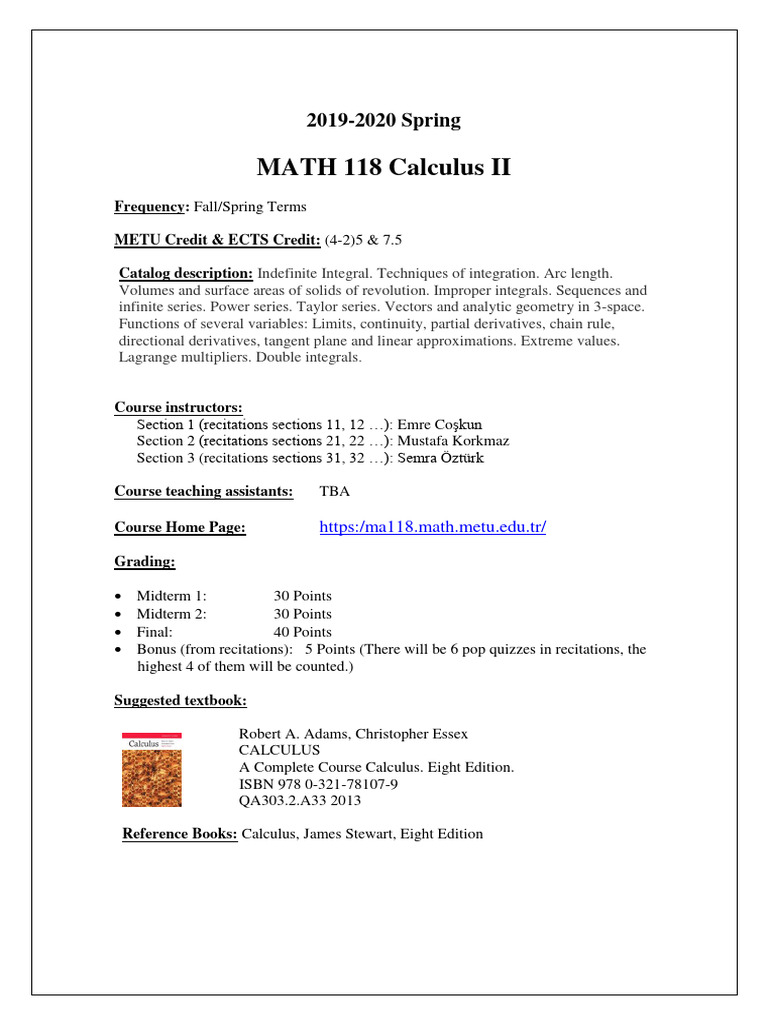 MATH 118 Calculus II Syllabus 2019-2020 | PDF | Derivative | Integral