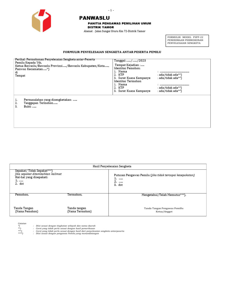 Formulir Sengketa Pemilu Distrik Yamor | PDF