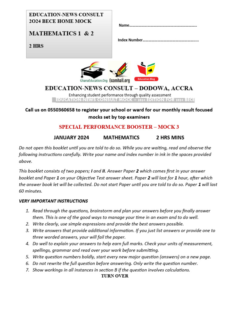 Mathematics 2024 Bece Mock 3 Jan Edition Question Paper Docx ...