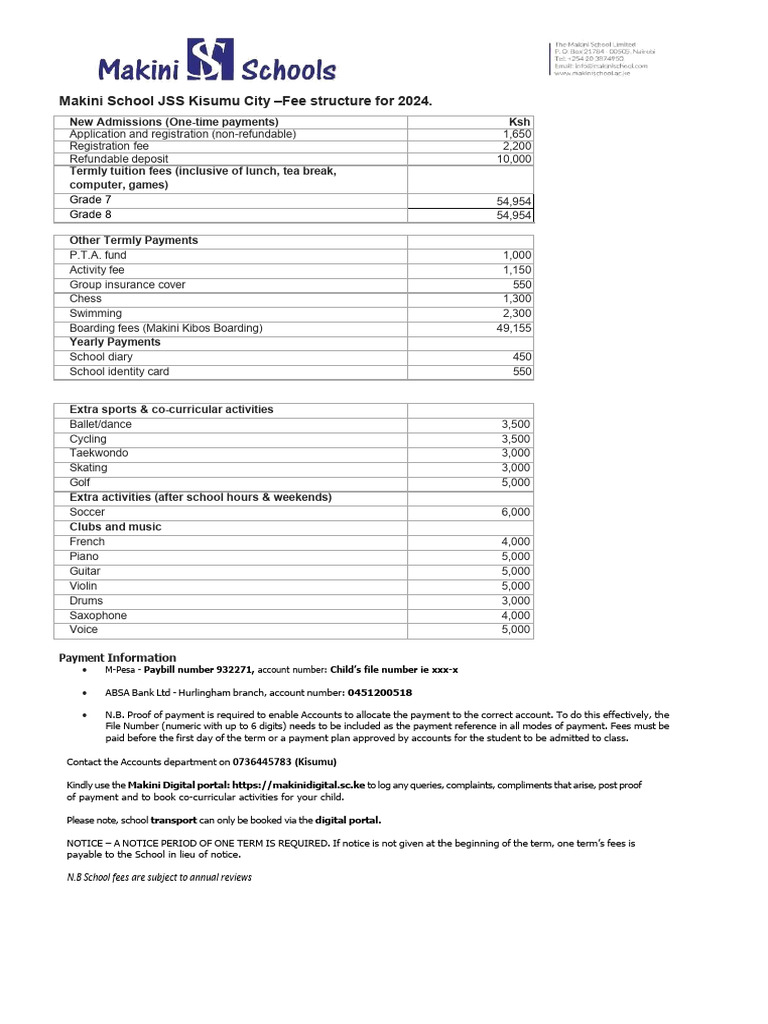 2024 Makini School JSS Kisumu City Fee Structure | PDF | Payments | Services (Economics)