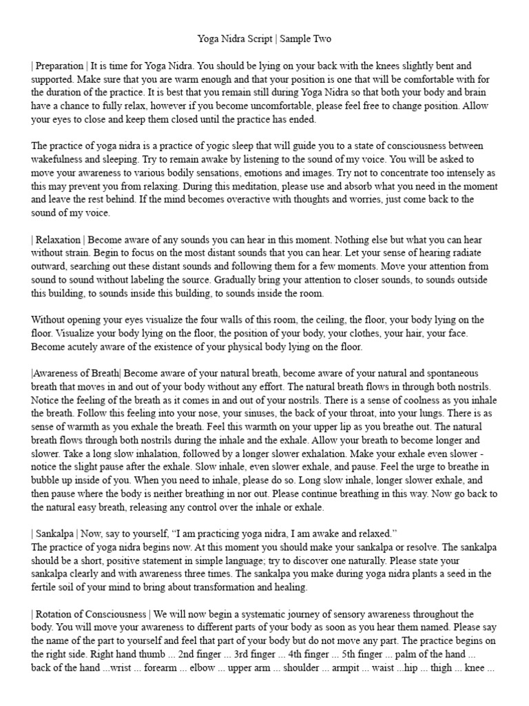 Yoga Nidra Sample Script 2 | PDF | Breathing | Exhalation