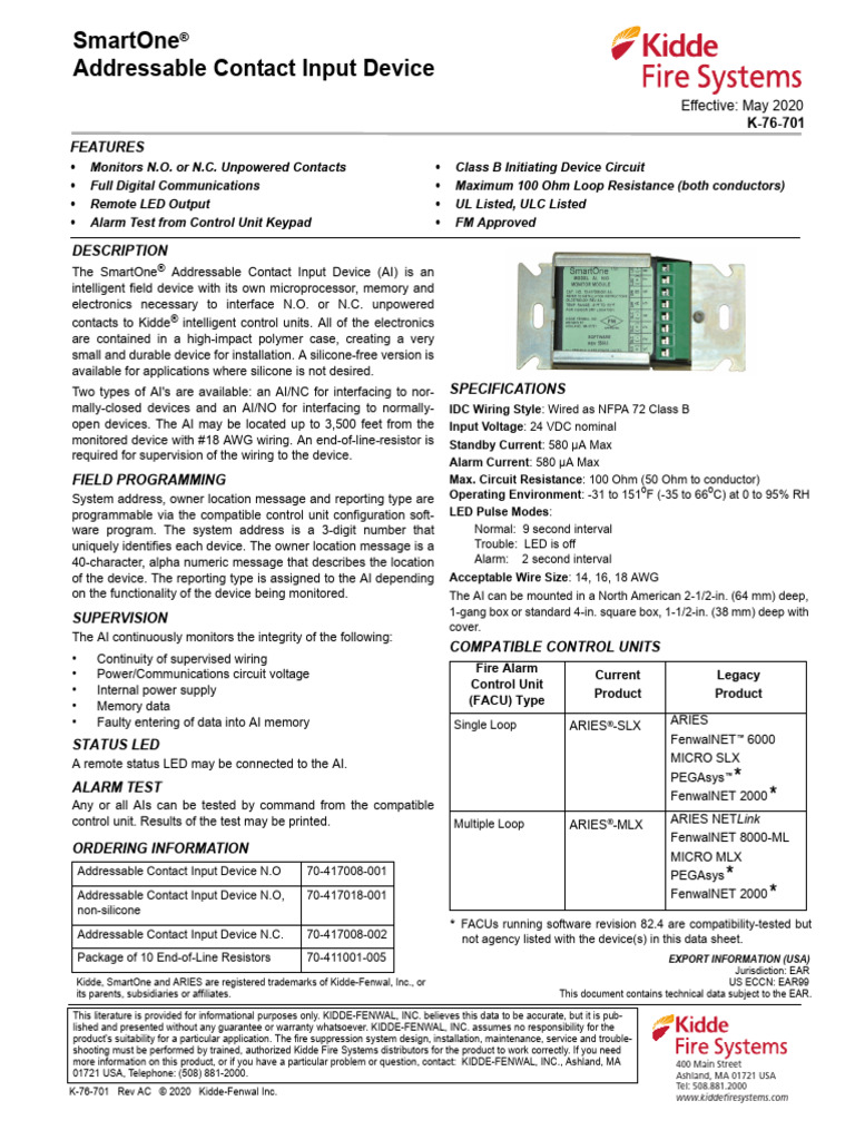 Kidde SmartOne Addressable Contact Input Device K-76-701 | PDF | Electrical Wiring | Electrical ...
