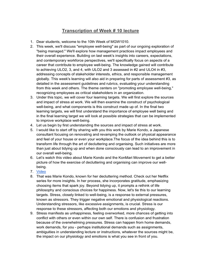 1.week 10 Lecture Video Transcription | PDF | Psychological Resilience ...