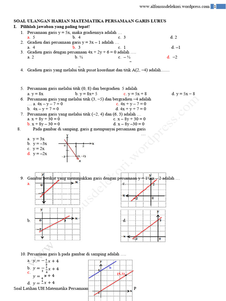 Soal Latihan Uh Matematika Persamaan Garis Lurus Kelas 8 SMP | PDF