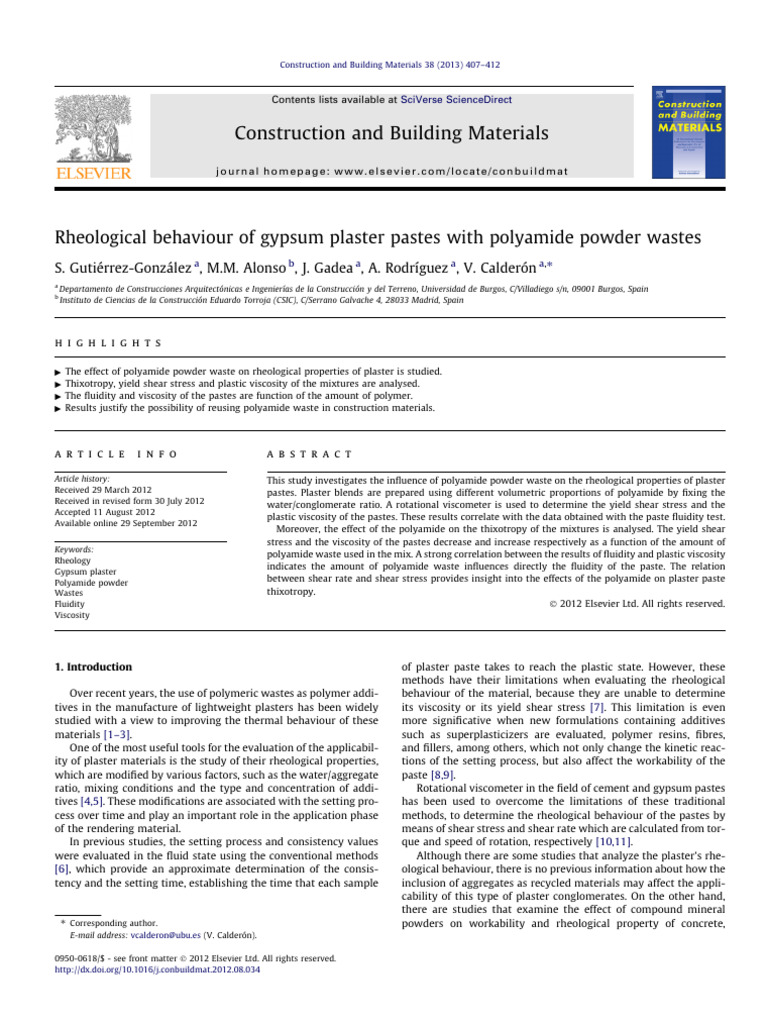 Rheological Behaviour of Gypsum Plaster Pastes With Polyamide Powder ...
