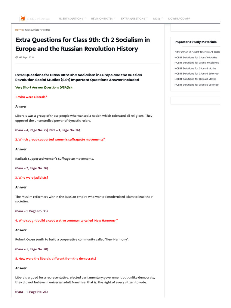 Extra Questions For Class 9th - CH 2 Socialism in Europe and The | PDF | Socialism | Capitalism