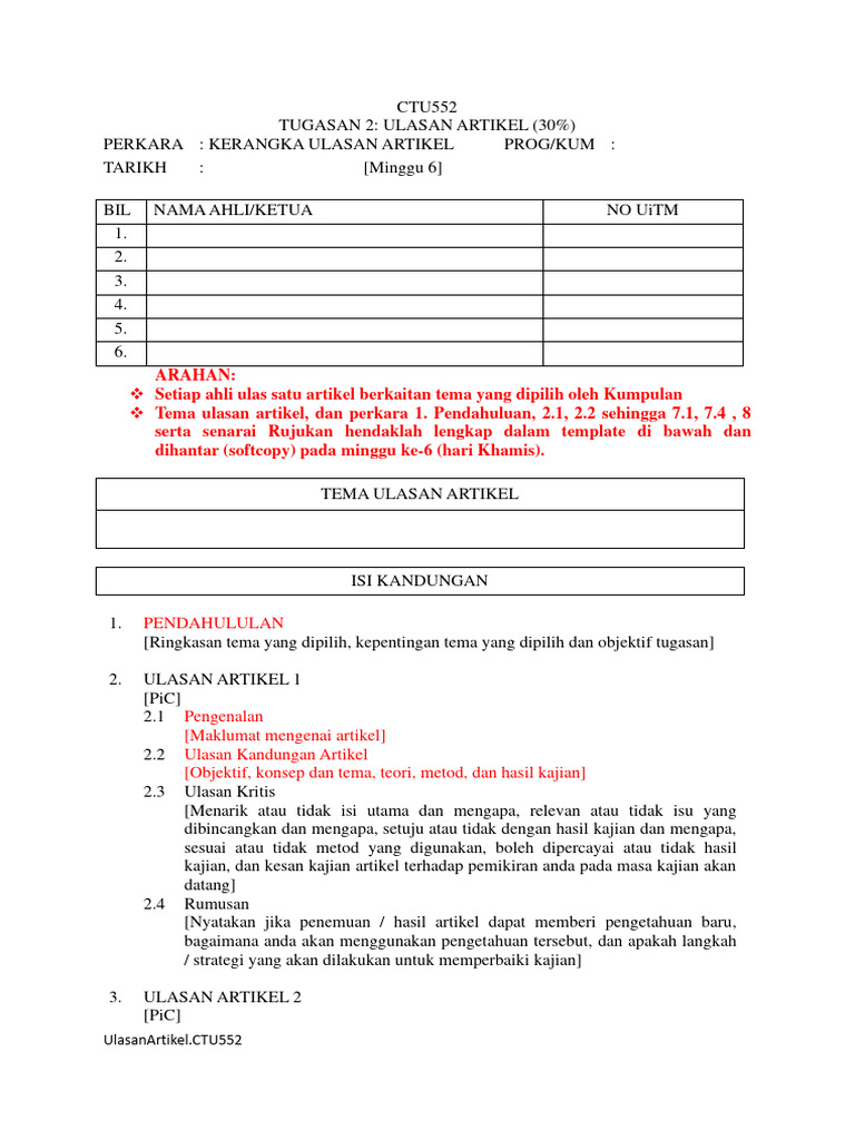 Contoh Template Kerangka Ulasan Artikel | PDF