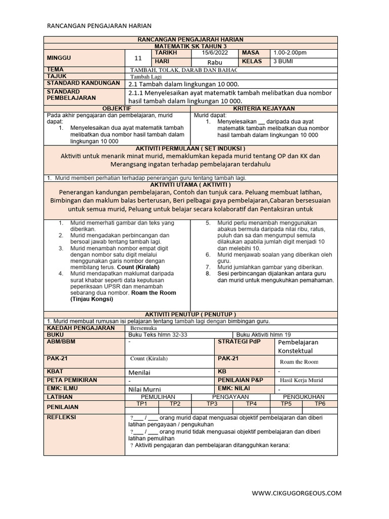 RPH Minggu 8 Matematik THN 3 by Cikgu Gorgeous | PDF