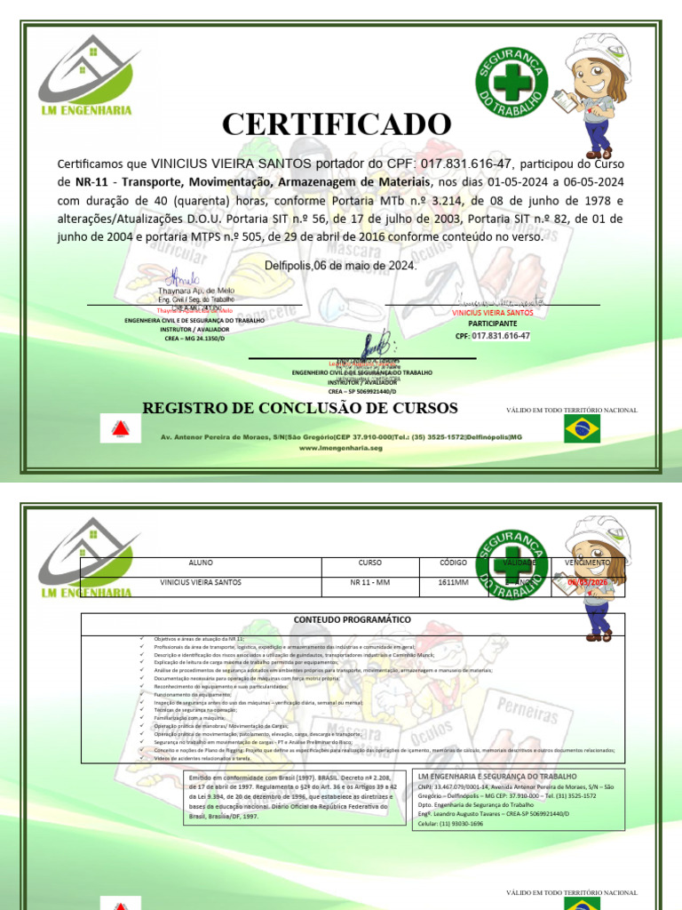 Certificado NR 11 - LM Eng. | PDF