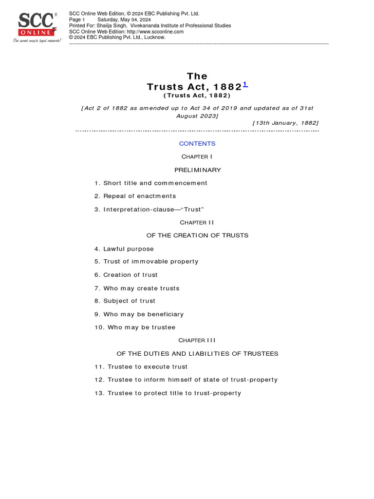 N Trusts Act 1882 Shailjasingh201 Gmailcom 20240504 121241 1 52 | PDF | Trustee | English Trust Law