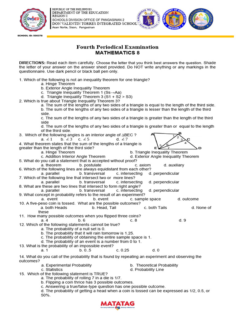 Grade 8 Fourth Quarter Exam1 | PDF | Probability | Mathematics