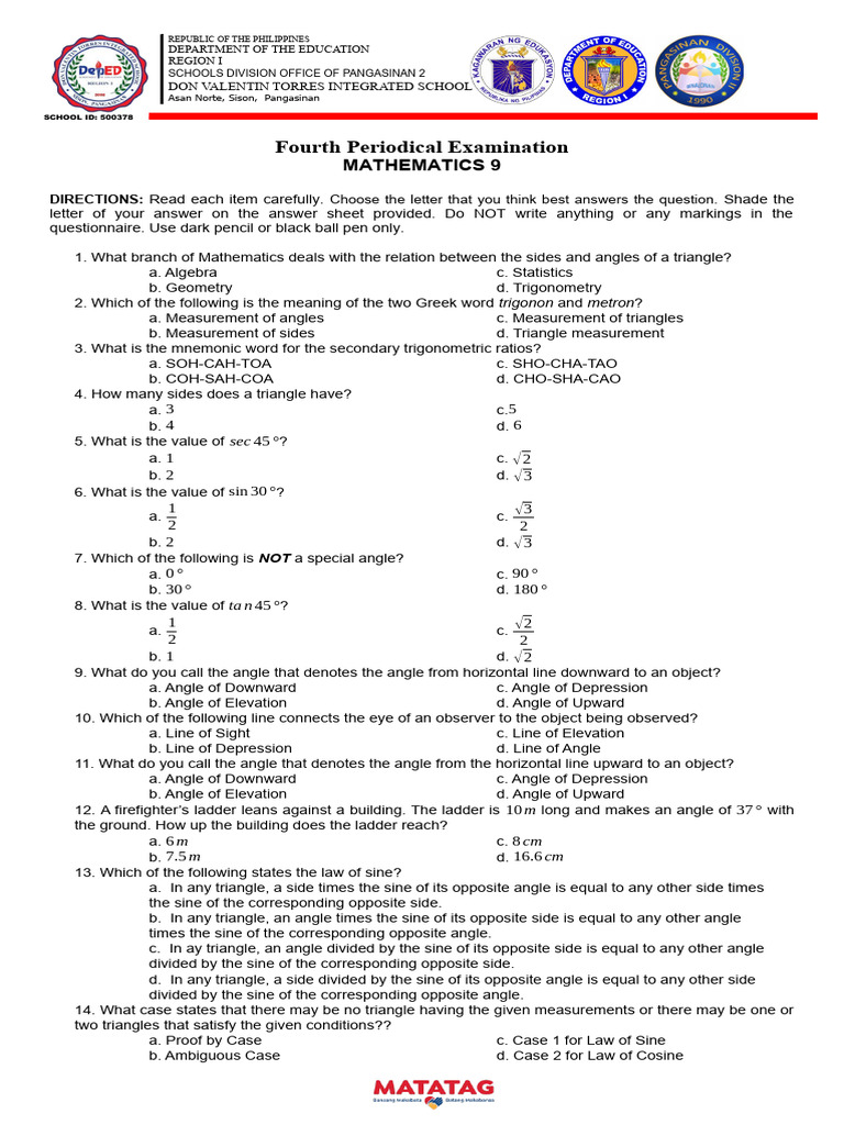 Grade 9 - Fourth Quarter Exam | Download Free PDF | Trigonometric Functions | Triangle