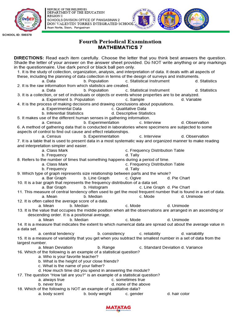 Grade 7 Fourth Quarter Exam | PDF | Mode (Statistics) | Statistics