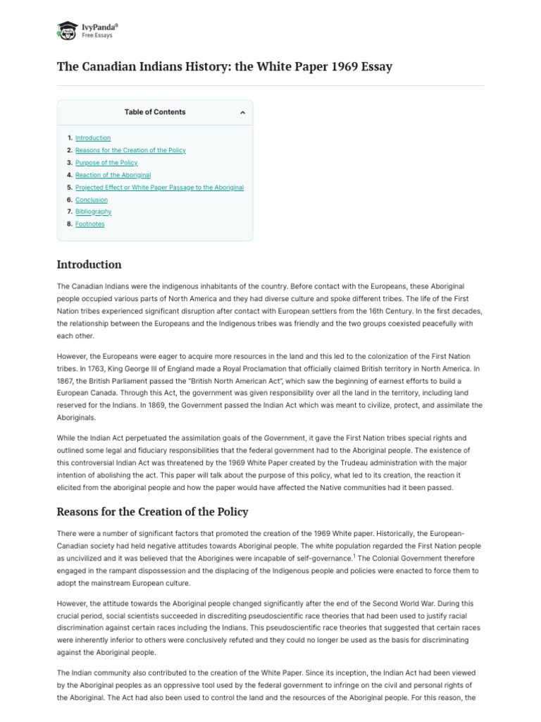 The Canadian Indians History - The White Paper 1969 - 2796 Words - Essay Example | PDF | Native ...