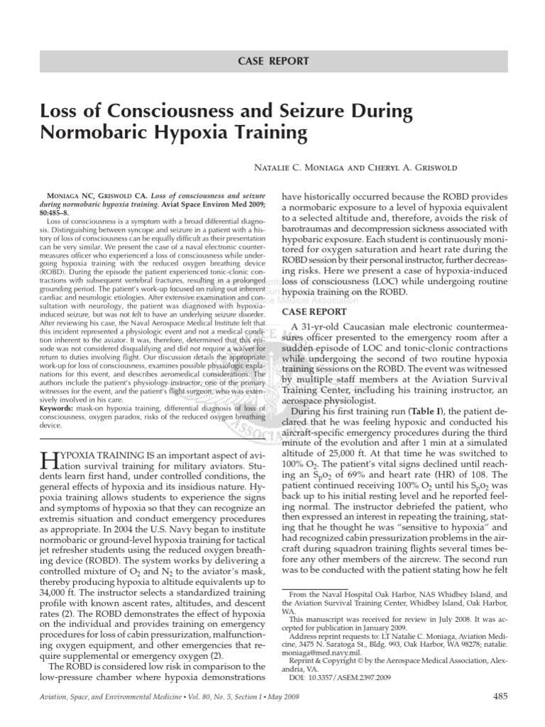 Loss of Consciousness and Seizure During Normobaric Hypoxia Training ...