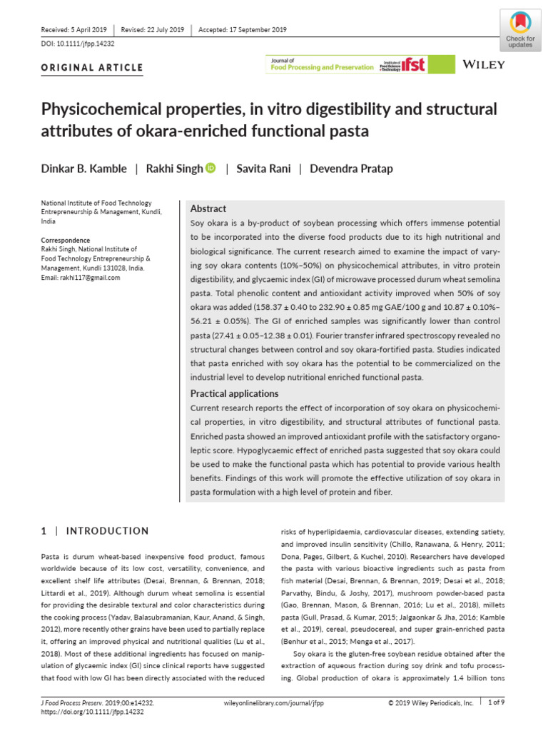 Physicochemical Properties, in Vitro Digestibility and Structural | PDF | Soybean | Pasta