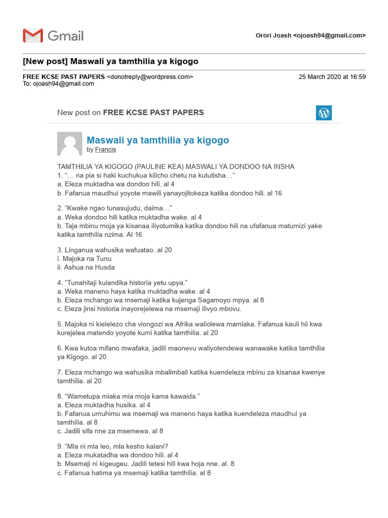 Maswali Ya Tamthilia Ya Kigogo | PDF