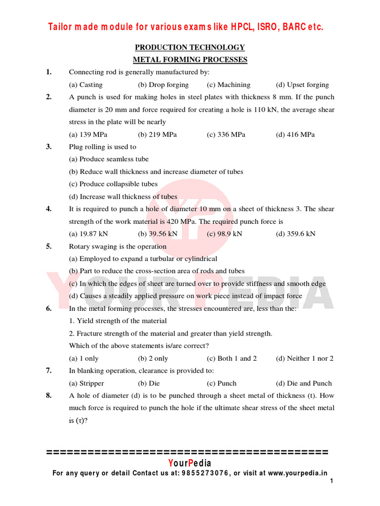 Metal Forming Processes Exam Guide | PDF | Forging | Rolling (Metalworking)