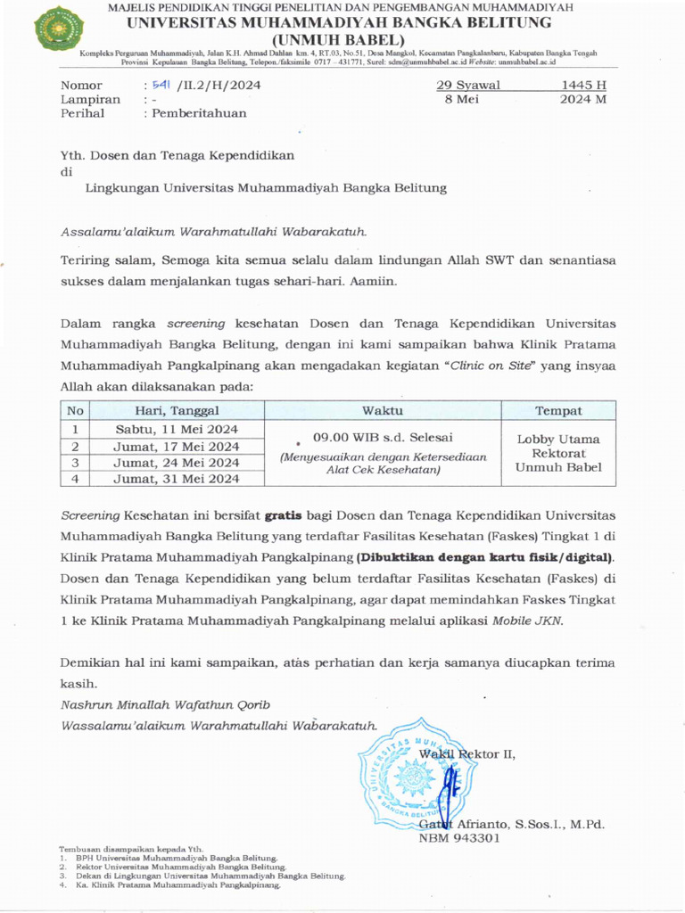 541 Pemberitahuan Screening Kesehatan Mei 2024 Stempel | PDF