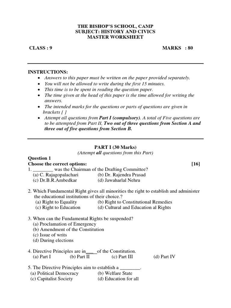Class 9 History and Civics Exam Worksheet | PDF | History