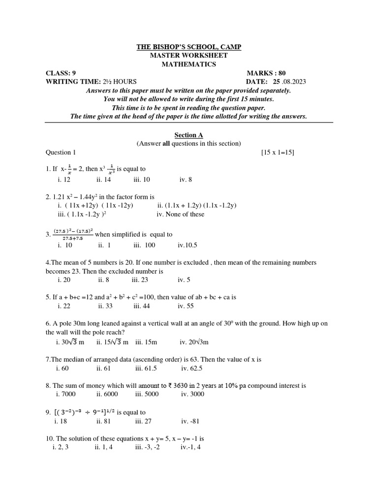 25082023035426class-9 Master Worksheet | PDF | Trigonometric Functions ...