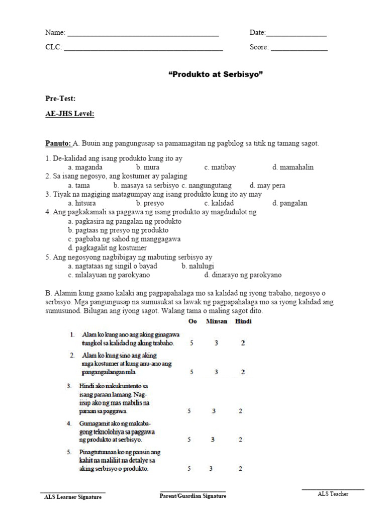 Worksheets LS4-Produkto at Serbisyo | PDF