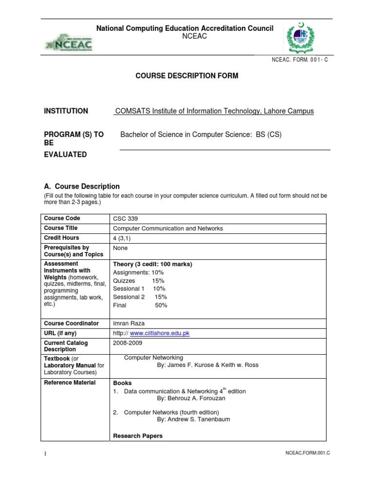Computer Communication and Networks Course Description Form | PDF ...