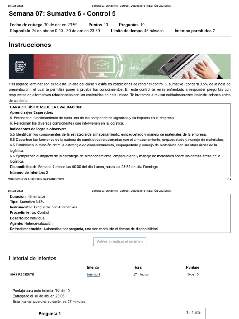 Semana 07 Sumativa 6 Control 5 202305.1876 GESTI N LOG STICA PDF | PDF | Logística | Almacén