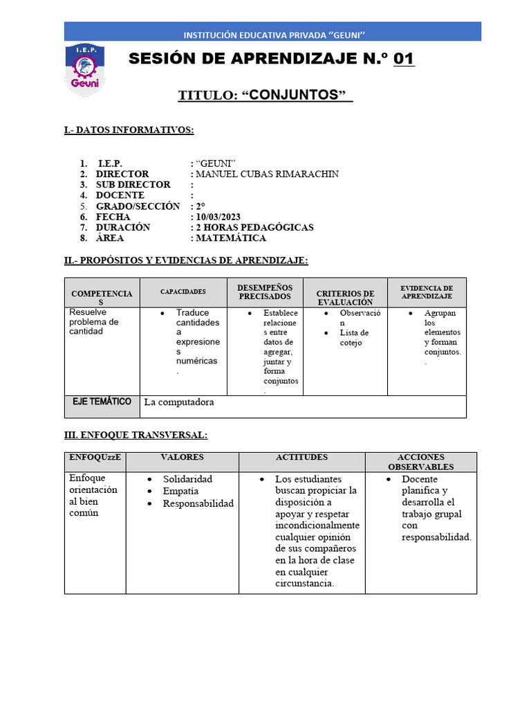 SESIÓN DE APRENDIZAJE DE CONJUNTO | PDF | Maestros | Aprendizaje