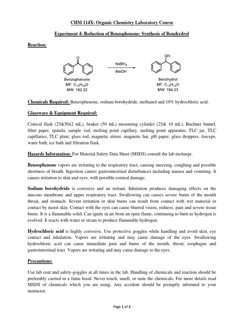 CHM 114 Exp 4 Reduction of Benzophenone | PDF | Thin Layer ...