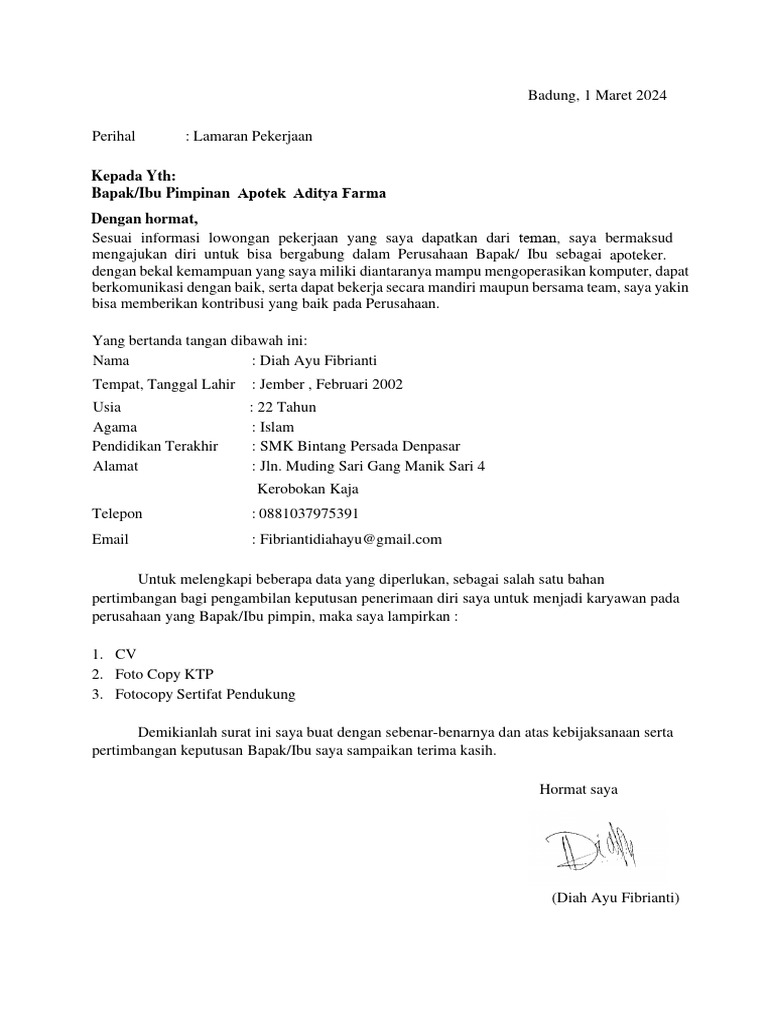 Surat Lamaran & CV Apotek Aditya Farma | PDF