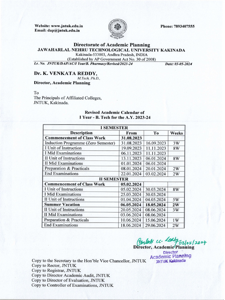 JNTUK B.Tech Academic Calendar 2023-24 | PDF | Schools | Academia